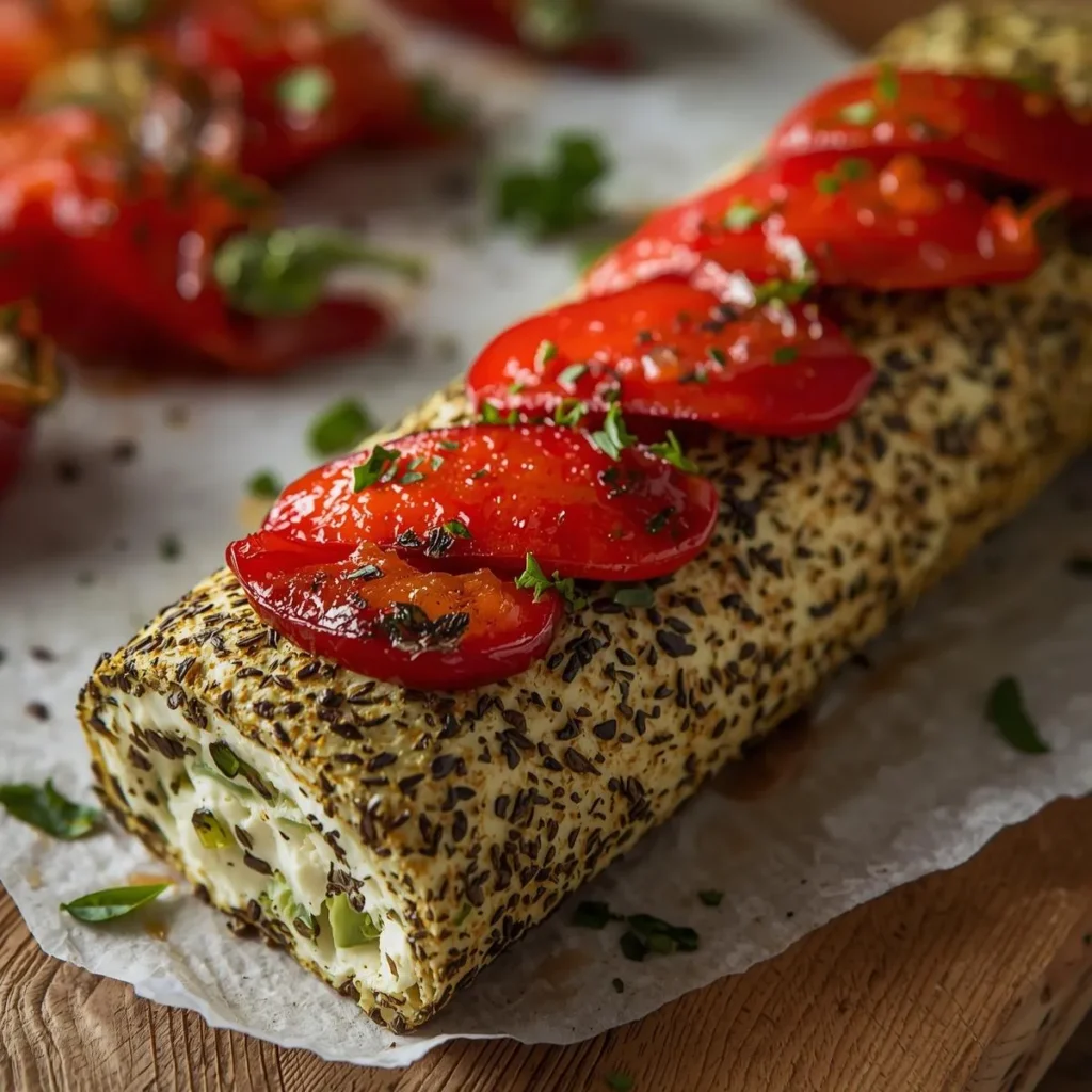 Herbed Cheese Roll Topped with Roasted Peppers