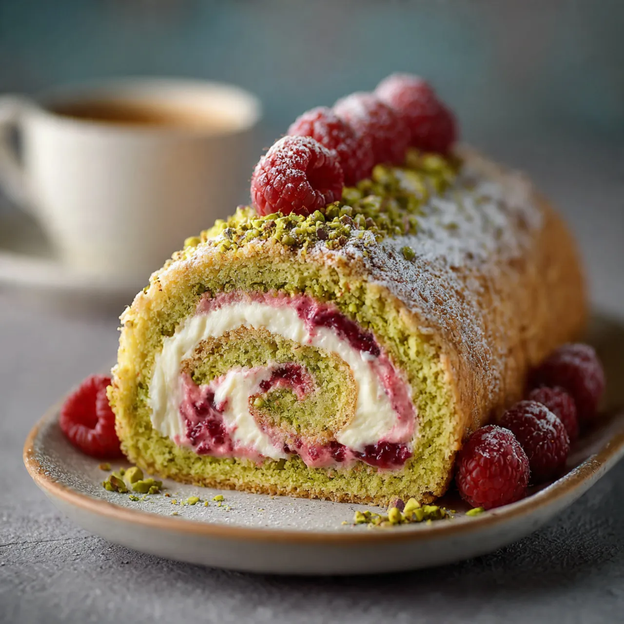 Pistachio and Raspberry Cream Swiss Roll
